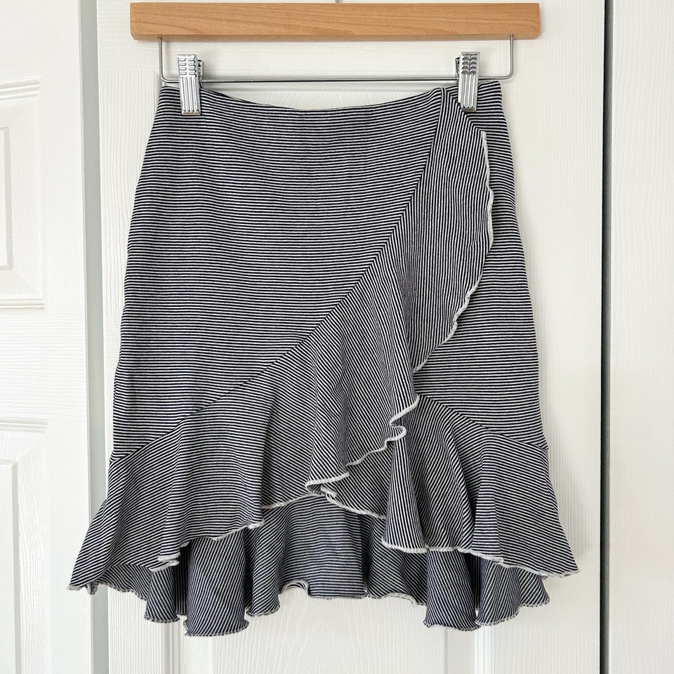 Club Monaco Debren Knit Skirt XS Navy White Stripe Asymmetrical Ruffle ...