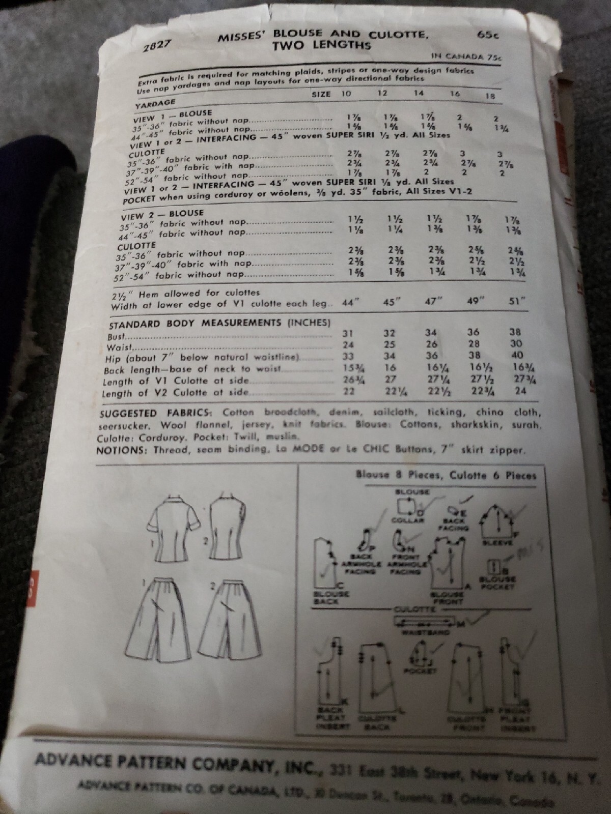 Vintage Sewing Pattern Sew Easy Advance 2827 Blouse and Culottes Size ...