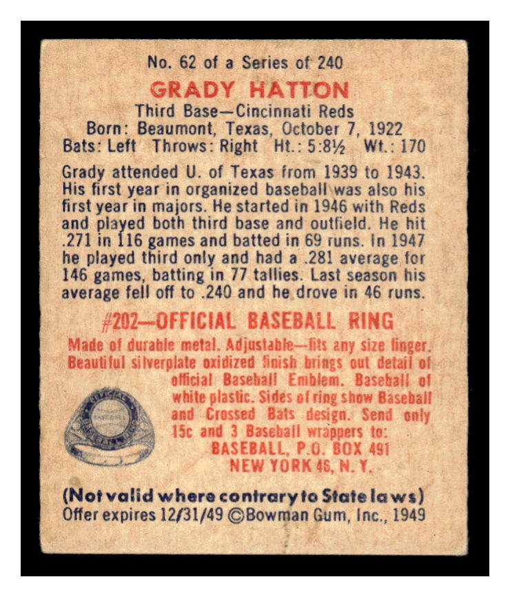 1949 Bowman Baseball #62 Grady Hatton Rookie 127E | eBay