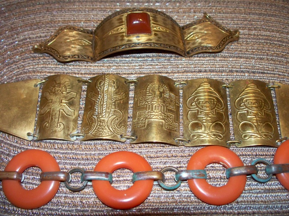 Vintage Bracelet Lot Orange Bakelite Link + Aztec Metal Bracelets READ ...