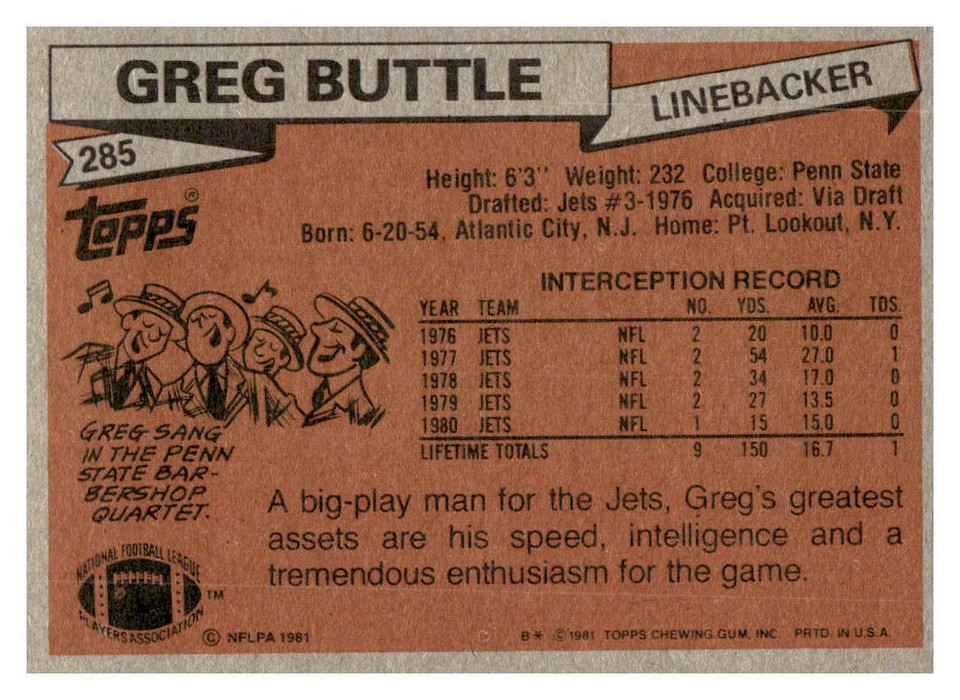 1981 Topps #285 Greg Buttle New York Jets Football Card EX/NM NFL | eBay