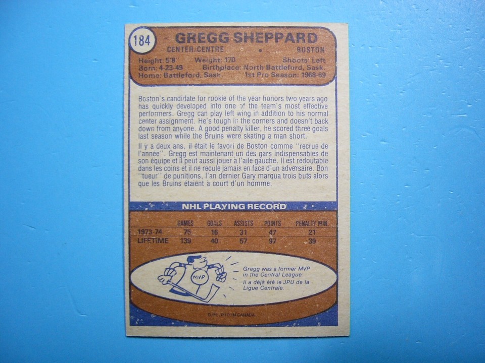 1974/75 O-PEE-CHEE NHL HOCKEY CARD #184 GREGG SHEPPARD EX/NM SHARP!! 74 ...