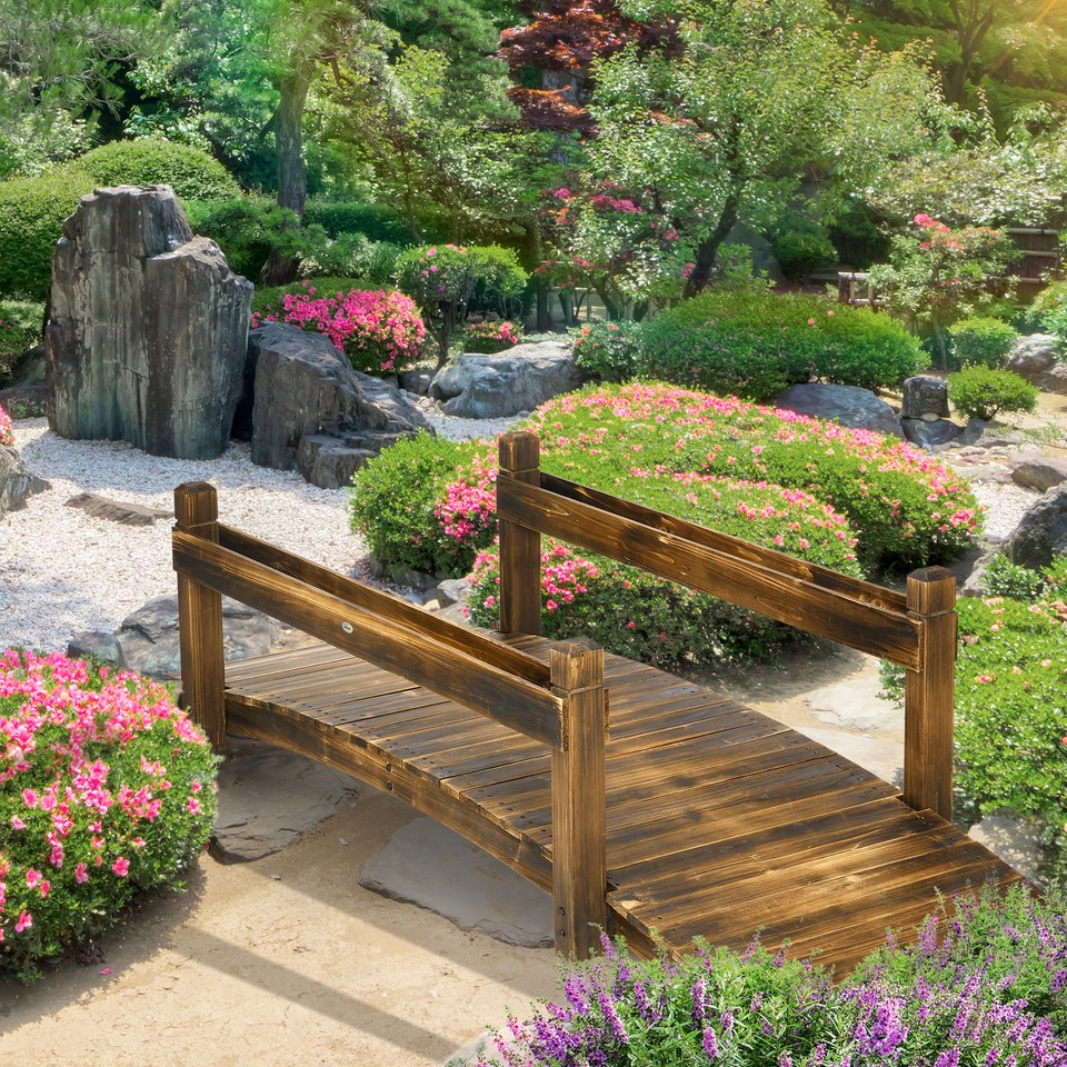 Outsunny Wooden Garden Bridge with Planters, Stained Finish Arc ...