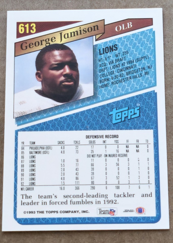 1993 Topps Gold George Jamison Detroit Lions #613 | eBay