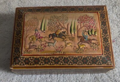 Fine Hand Painted Mogul Hunting Scene on Inlaid Covered Box | eBay
