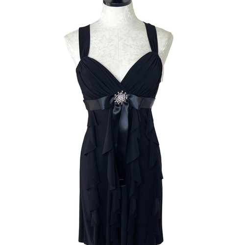 Cache Dress Womens Size 6 Black Ruffle Chiffon Long Ribbon Bow Rhinestone Brooch | eBay