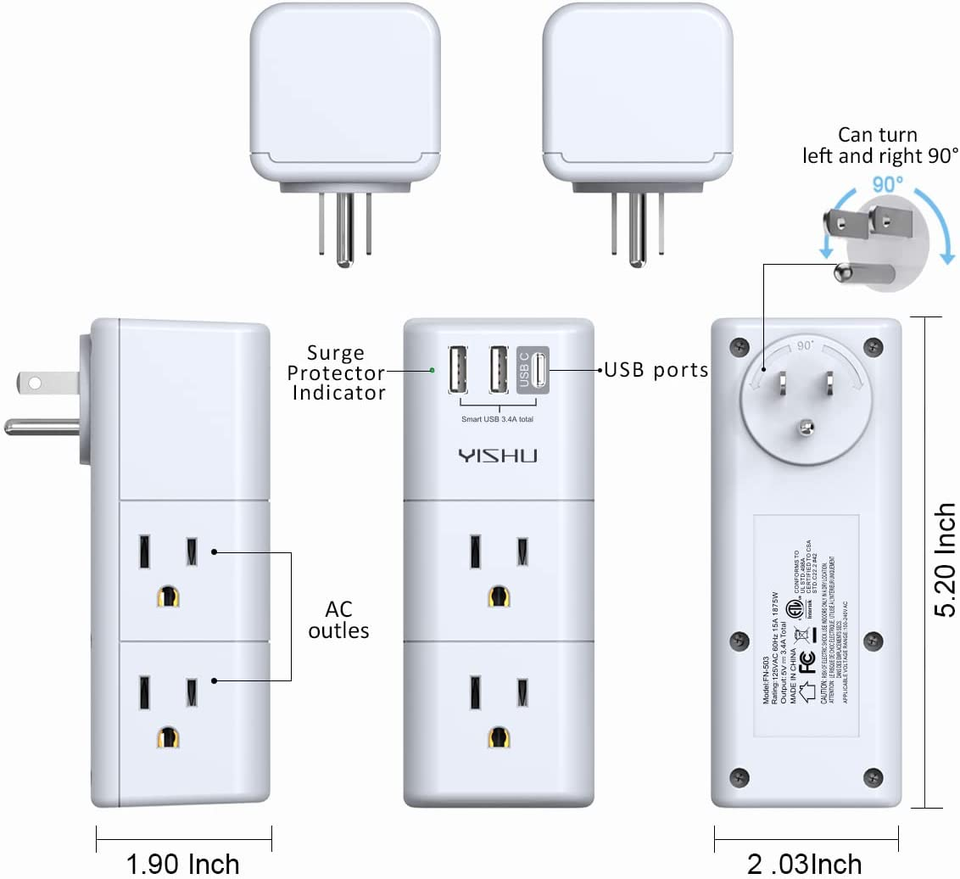 USB Multi Plug Outlet Extender Surge Protector with Rotating Plug, 6 AC ...