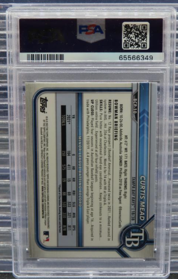 2022 Bowman Baseball Chrome CURTIS MEAD 1st Prospect #BCP10 Rays PSA 10 ...
