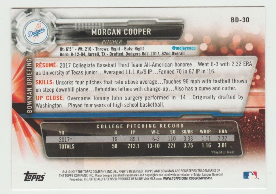 2017 Bowman Draft #BD-30 Morgan Cooper Baseball Card Los Angeles ...