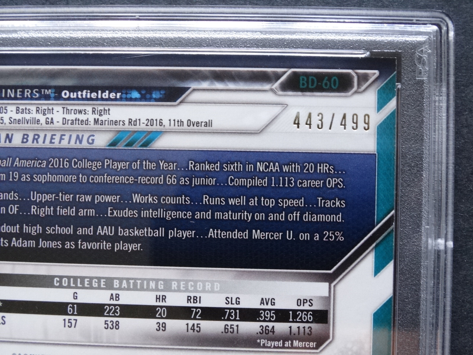 2016 Bowman Draft BD60 Kyle Lewis Seattle Mariners Silver Border 443/ ...