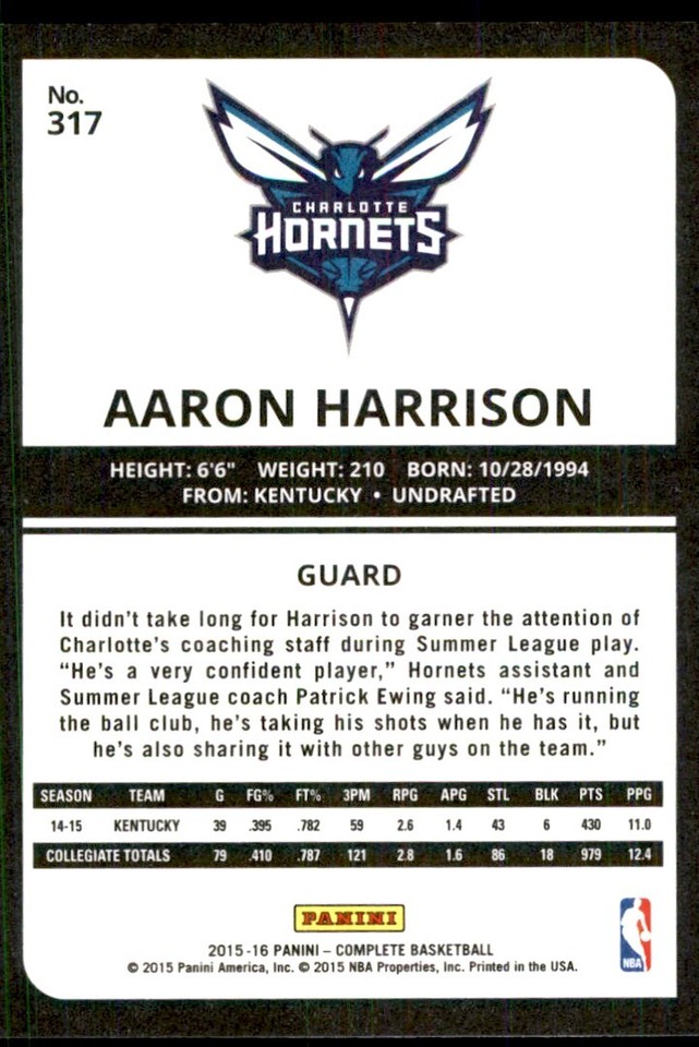 2015-16 Panini Complete- Aaron Harrison Charlotte Hornets #317 | eBay