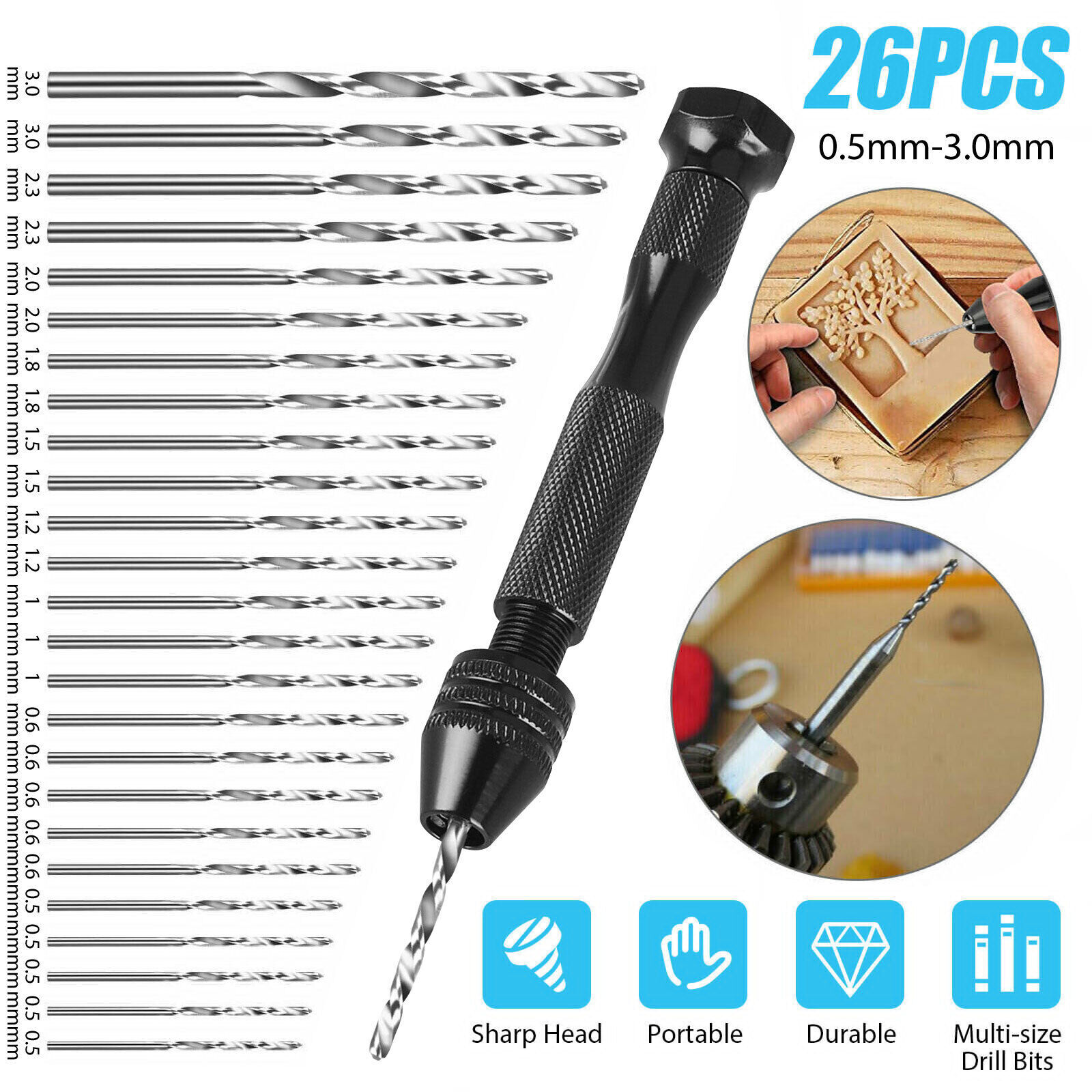 26Pcs Precision Pin Vise Hobby Mini Micro Hand Twist Drill Bits Rotary ...