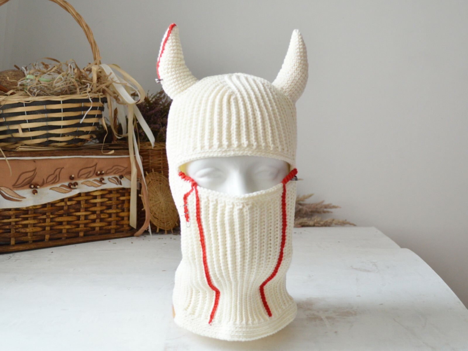 Knitted cream balaclava ski mask with horns women men Custom crochet ...