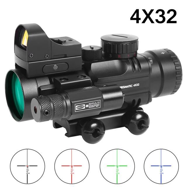 4x32 Prism Scope 3 Colors Optics Sights with Red Dot Sight Combo Green ...