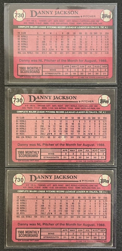 (3) - 1989 Topps Danny Jackson #730 (Condition? You be the judge.) | eBay
