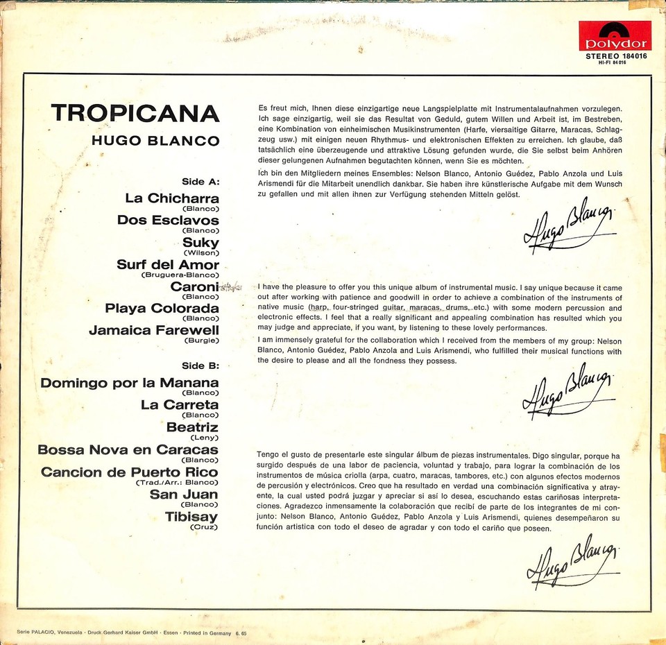 Polydor Tropicana Hugo Blanco Vinyl Record LP Stereo 184016 Latin ...