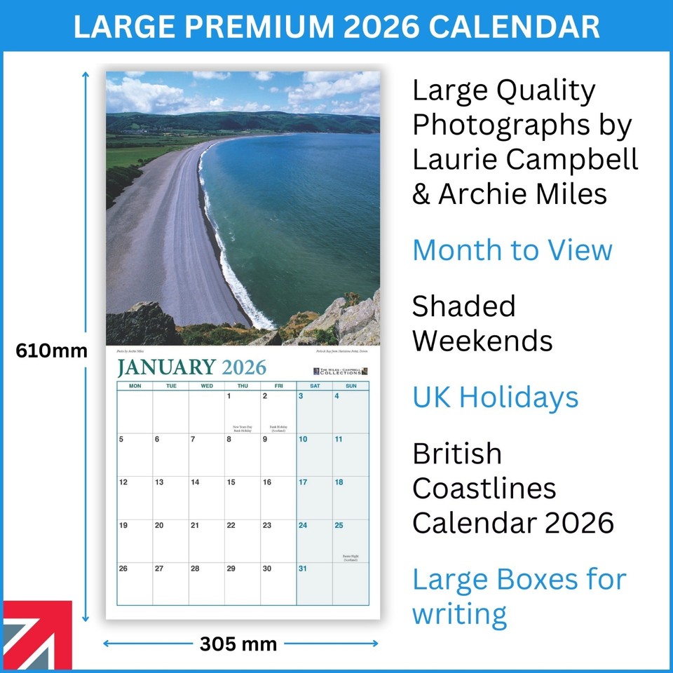 Calendar 2026 British Coast UK Holidays MADE IN BRITAIN® Coastal Gift ...