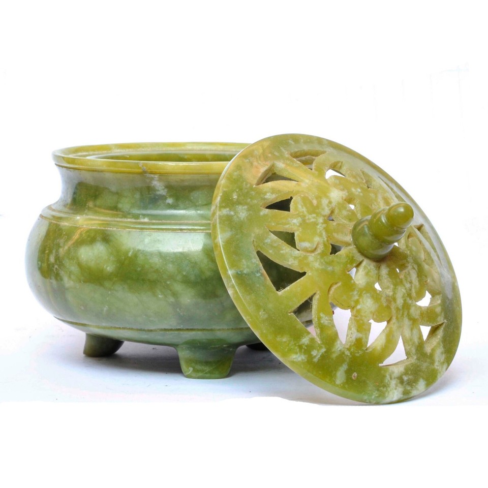 Jade Stone Nepal Tibetan Buddhist Round Incense Burner Stand w Lid Home ...