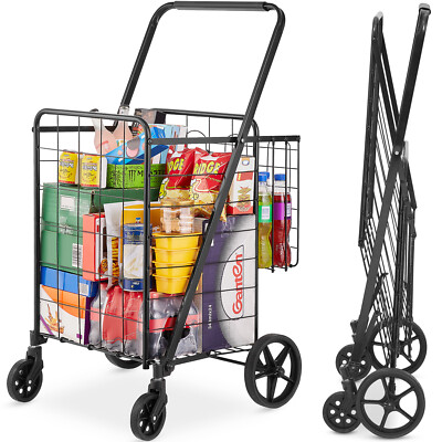 Folding Shopping Cart Rolling Grocery Cart with Double Baskets 110 LBS ...