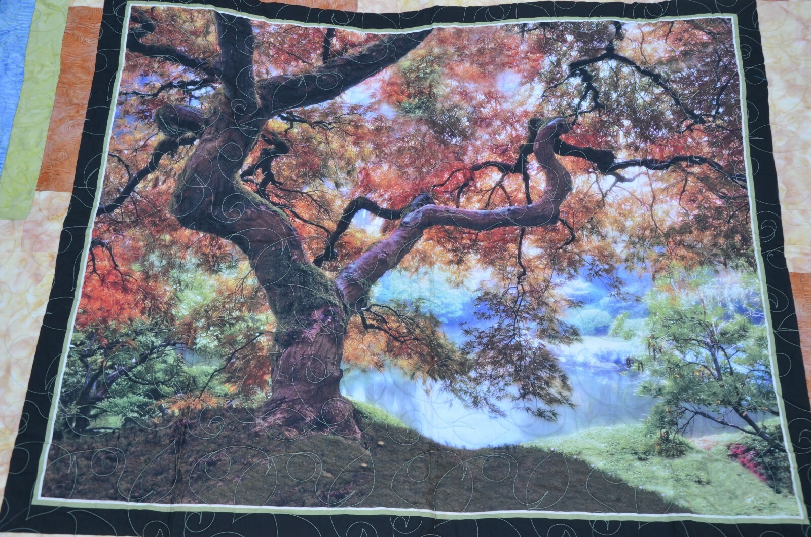 Autumn Oak Tree in Forest lap quilt 55 1/2" x 48" Machine quilted panel ...
