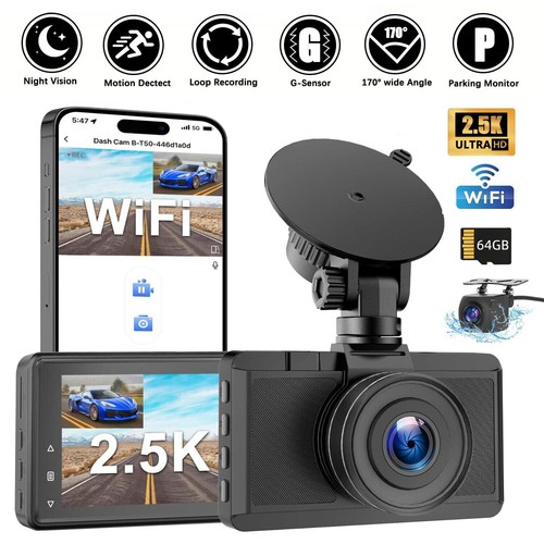 3'' Full HD 1440P Dash Cam Front & Rear Dual Lens Dash Camera w/ 64GB ...