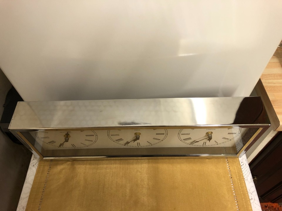 Wold Triple Time Zone Quartz Table/Desk Clock in Silver London, Paris ...