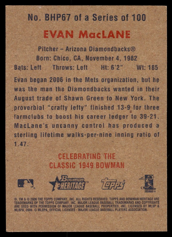 2006 Bowman Heritage #BHP67 Evan MacLane Prospects Near mint or better ...