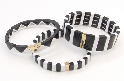6" Set 3 Black & White Striped & Zig Zag Enameled Metal Link Stretch Bracelets | eBay