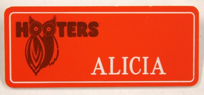 ALICIA HOOTERS RESTAURANT ORANGE NAME TAG (PIN) W/ WHITE LETTERS ALICIA ...