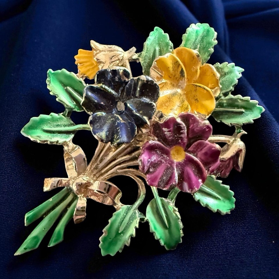 Coro Flower Brooch Large Bouquet Enamel Pansy Pin Vintage Signed Gold ...