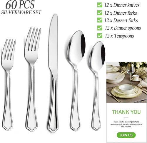 HaWare 60-Piece Silverware Set for 12, Stainless Steel Flatware Silver ...