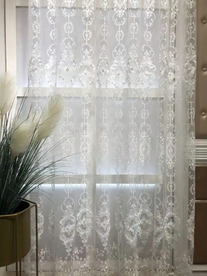 1 Pc White Pearl Flower Embroidered Sheer Curtain,Light Filtering Gauze ...