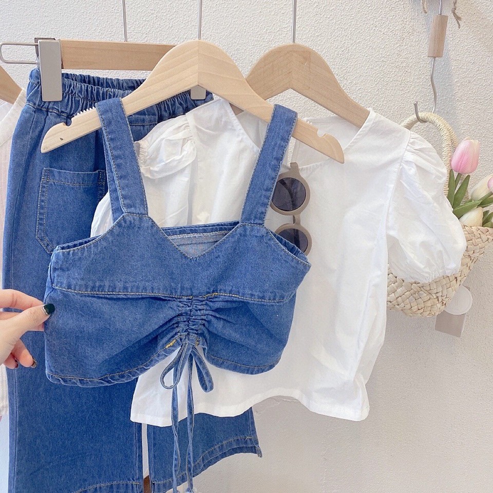 3Pcs Kids Baby Girls Jeans Outfits T-shirt Tops + Denim Pants + Straps ...