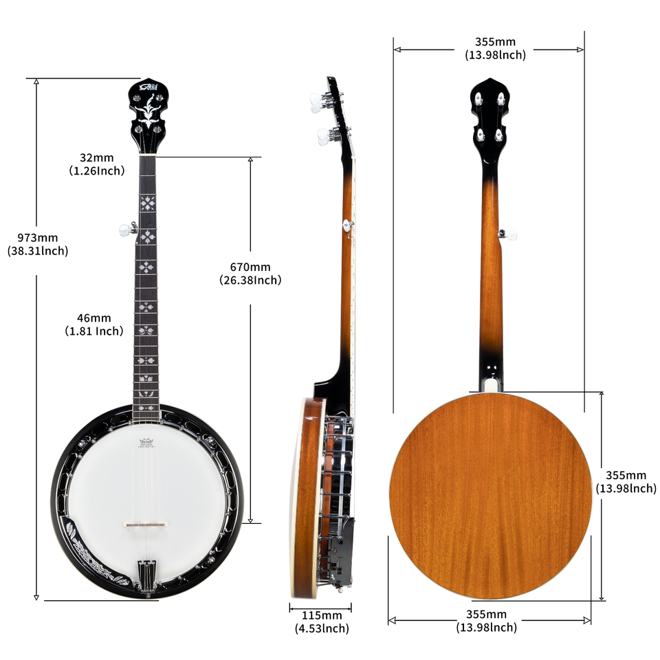 5 String Full Size Banjo Solid Back European Maple Body Remo Head ...