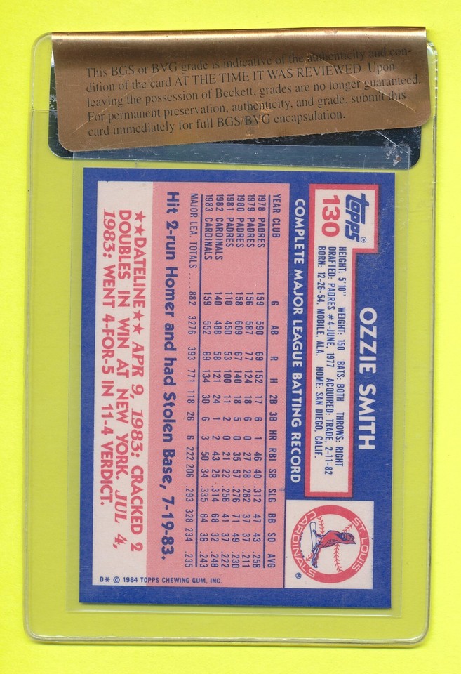 TIFFANY BRR 8 OZZIE SMITH 1984 TOPPS TIFFANY 130 BECKETT GRADED RAW ...