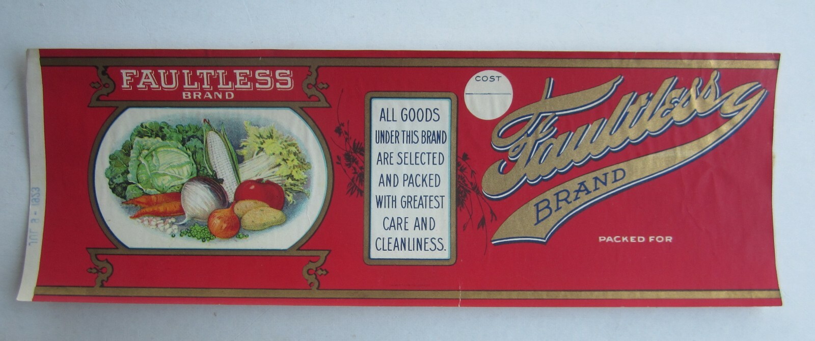 Old Vintage 1923 - FAULTLESS - Vegetables - CAN LABEL - CALVERT LITHO ...