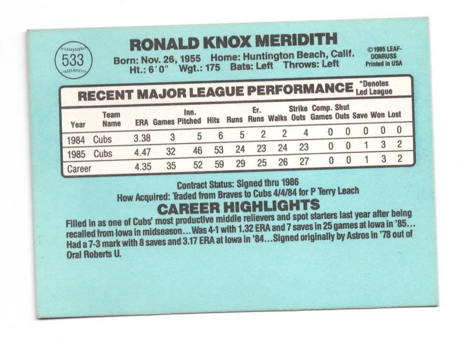 1986 Donruss Ron Meridith Chicago Cubs #533 Near Mint or Better | eBay
