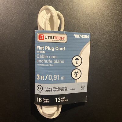 8ft Flat Plug Extension Cord 13 Amp 16 Gauge Wire 3 Outlet Cube Tap ...