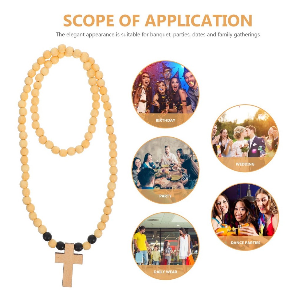 Wooden Cross Necklace Men Beaded Neck Chain Necklace Rosary Trendy ...