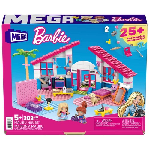 MEGA Barbie Building Toy Kit Malibu Dream House with 2 Micro-Dolls (303 ...