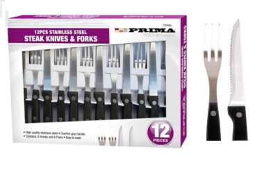 Prima 12 Piece Kitchen Steak Knives & Fork Set 6 Of Each Comfort Grip ...