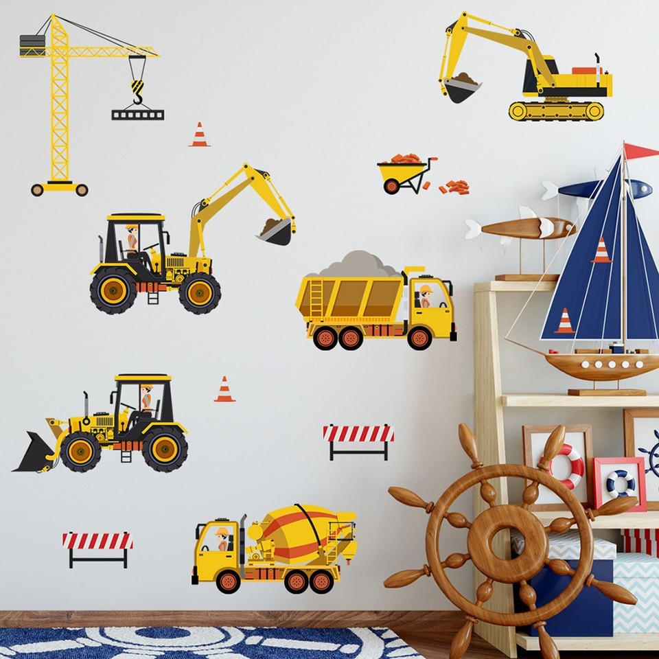 Cartoon Style Wall Sticker Kids Room Decals Construction Vehicle ...
