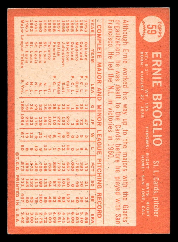 1964 Topps #59 Ernie Broglio Excellent+ Cardinals | eBay