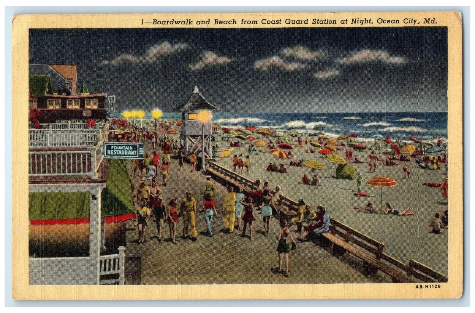 1950 Boardwalk Beach Coast Guard Station Night Ocean City Maryland MD ...