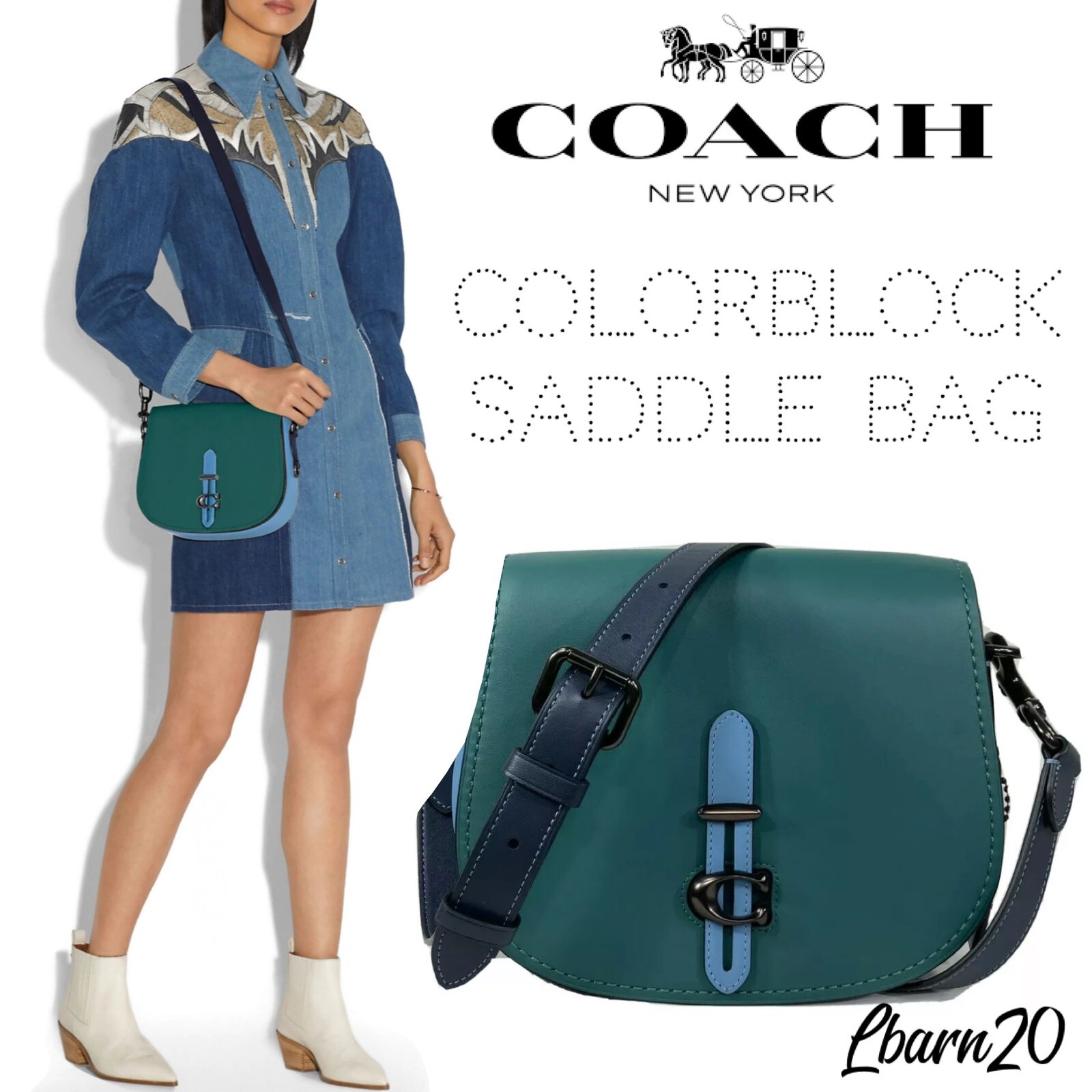 Coach Colorblock 54392 Green Blue Saddle Crossbody Gl… - Gem
