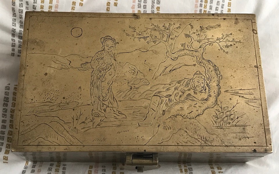 Vintage Chinese Woodlined Brass Box with Engraved Mythological Scene | eBay