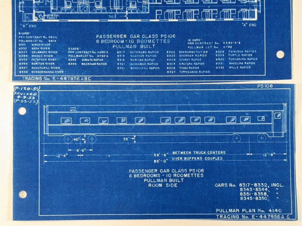 Pennsylvania PRR Pullman Sleeper Passenger Car Class PS106 Diagrams ...