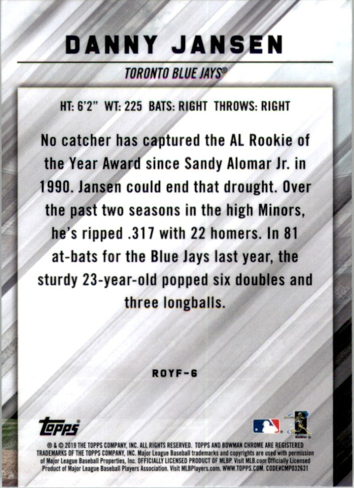 2019 BOWMAN CHROME ROOKIE of the Year Favorites DANNY JANSEN RC #ROYF-6 ...