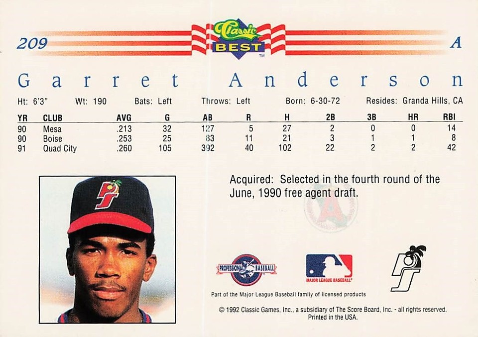 Garret Anderson Rookie Classic Best 1992 Baseball Card #209 | eBay