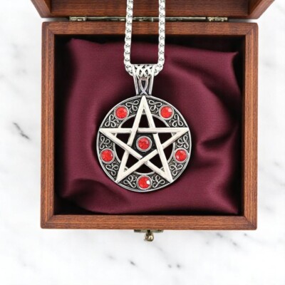 Men Stainless Steel Star Rune Disc Red Gemstone Pendant Necklace | eBay